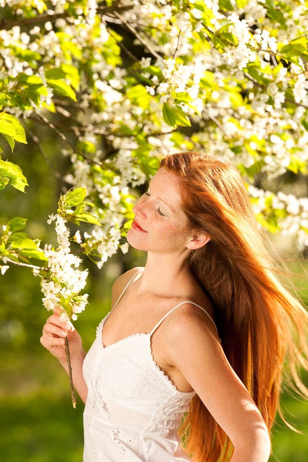 Spring - Red Hair Woman Under Blossom Tree Stock Image - Image of hair ...