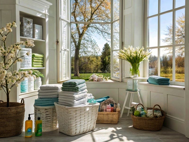 Spring Refresh Serene Bathroom Storage Inspiration Stock Image - Image ...