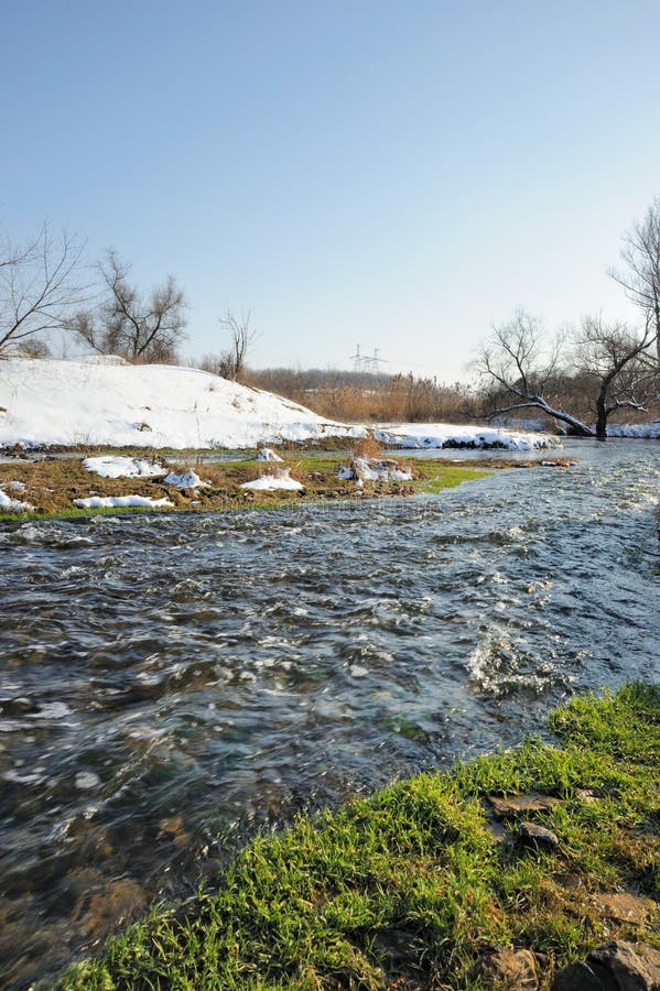 Spring River. Green Nature Landscape on Riverbank Stock Image - Image ...