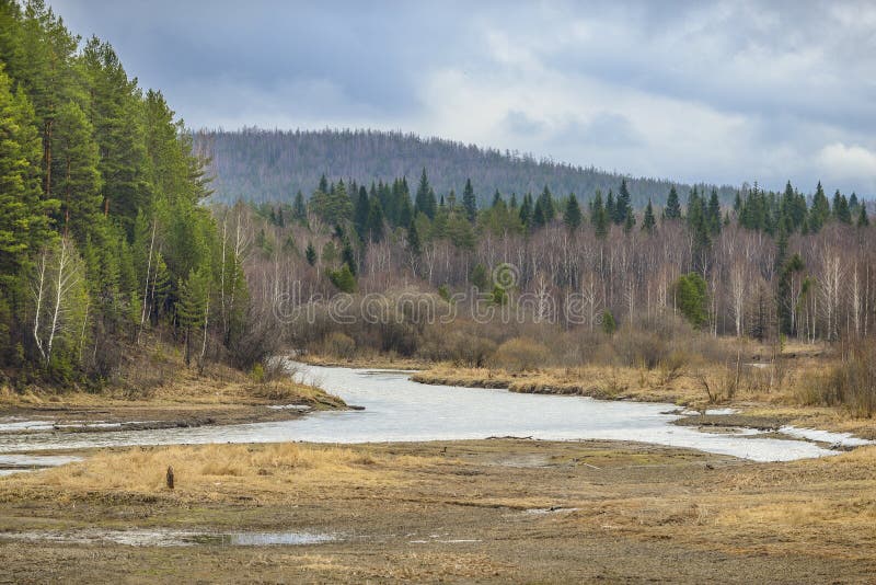 Spring River on a Background of Mountains and Forests Stock Photo ...