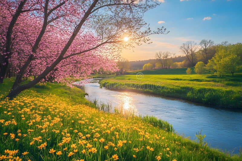 Spring River Landscape: Sunset, Blossoms, and Yellow Flowers Stock ...