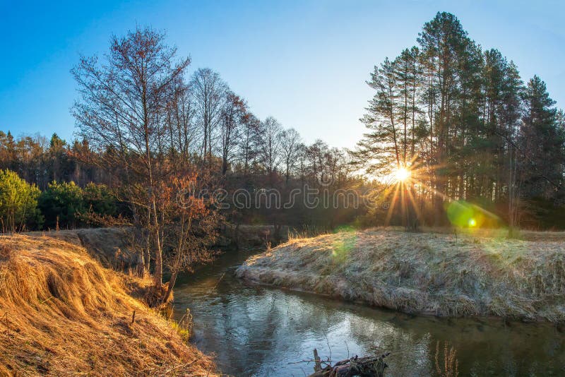Spring River on Morning Sunrise. Scenic River Landscape with Bright Sun ...