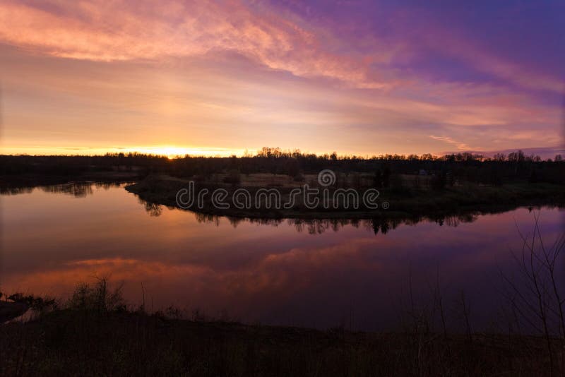 Spring. River. Sunrise. Sunset Stock Image - Image of brush ...