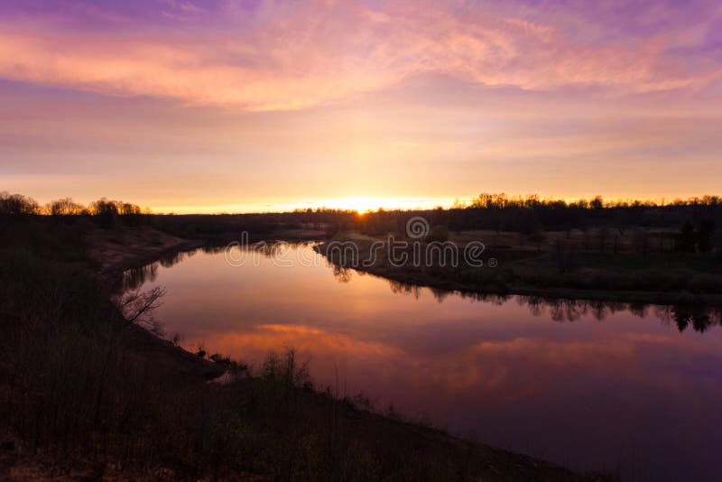 Spring. River. Sunrise. Sunset Stock Photo - Image of early, grass ...