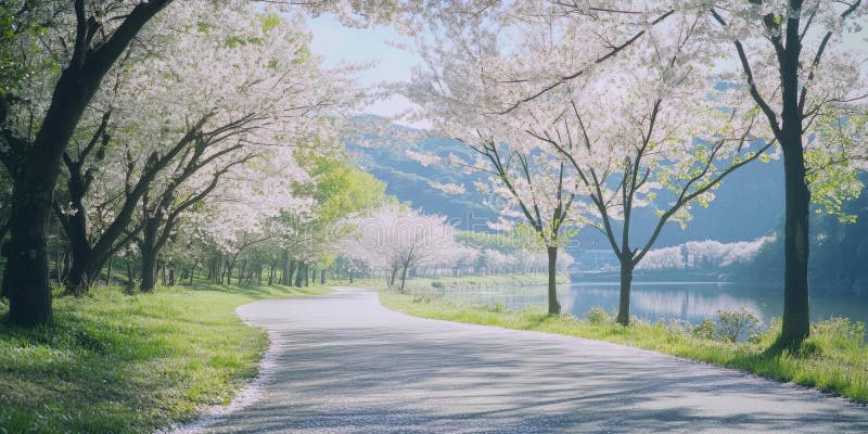 Spring Road Winds through Cherry Blossoms beside a Serene Lake, Renewal ...
