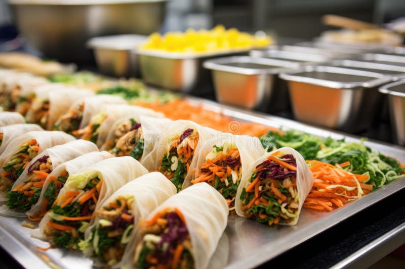 Spring Roll Assembly Line with Various Fillings Stock Image - Image of ...
