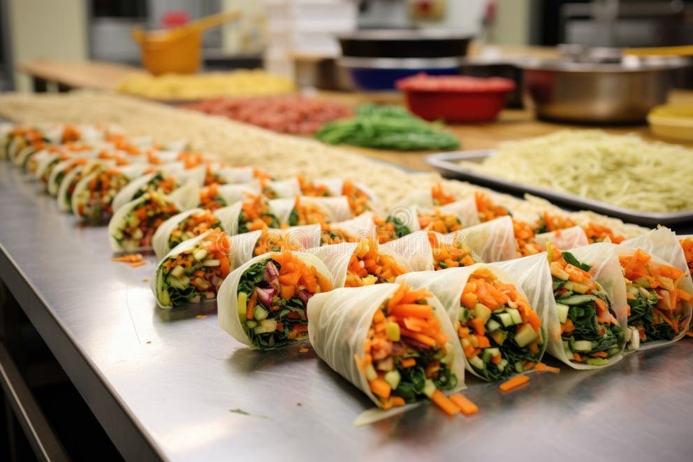 Spring Roll Assembly Line with Various Fillings Stock Photo - Image of ...