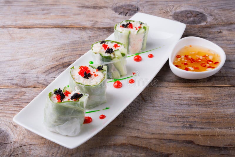 Spring roll with caviar stock photo. Image of prawn, plate - 75962152