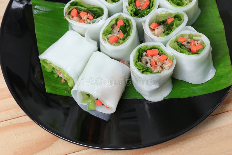 Spring Roll Cut with Vegetable on Banana Leaf Wood Floor Background ...
