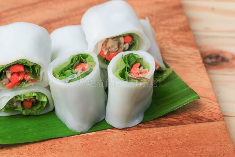 Spring Roll Cut with Vegetable on Banana Leaf Wood Floor Background ...