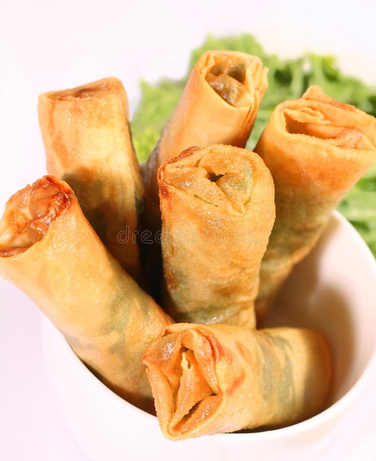 Thai Food, Fried Spring Rolls on Black Iron Plate on Grey Stone Slate ...