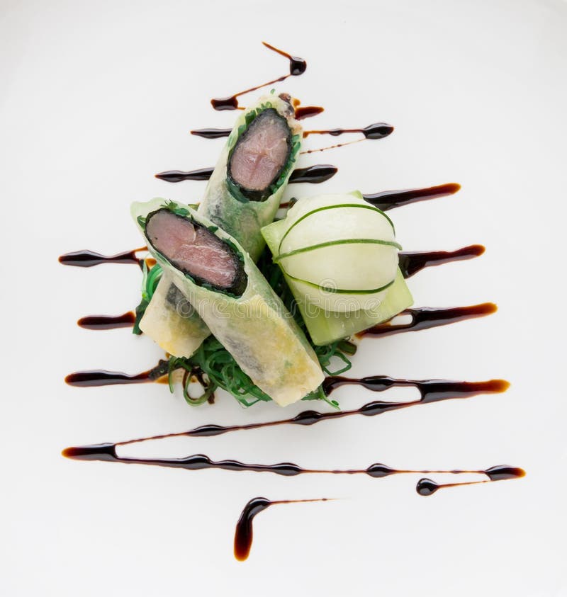 Molecular Kitchen Crunchy Tuna Spring Roll with Cucmber Ice Cream Stock ...