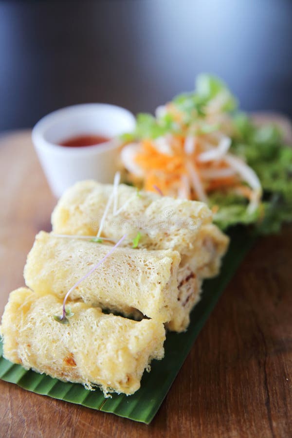 Spring Roll on Wooden Plate Stock Image - Image of sauce, dinner: 136992103