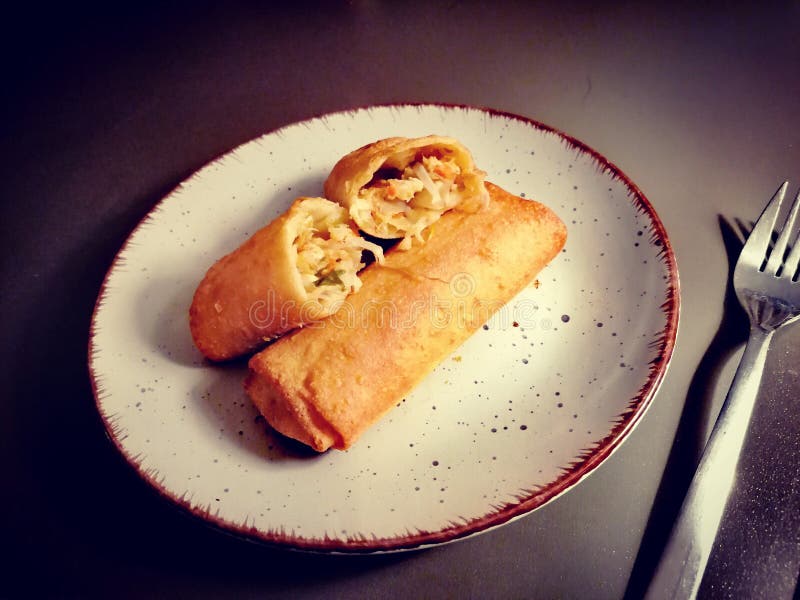 Spring Rolls with Chicken Meat and Soy Sauce Stock Photo - Image of ...