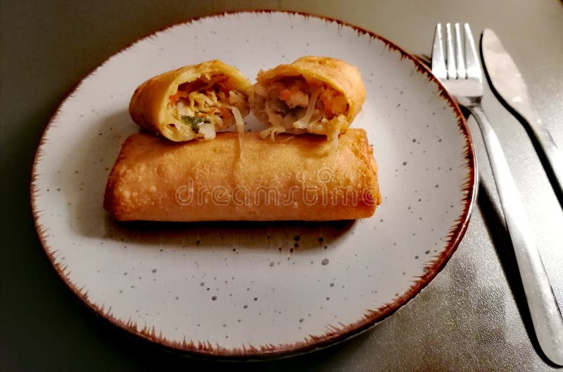 Spring Rolls with Chicken Meat and Soy Sauce Stock Photo - Image of ...