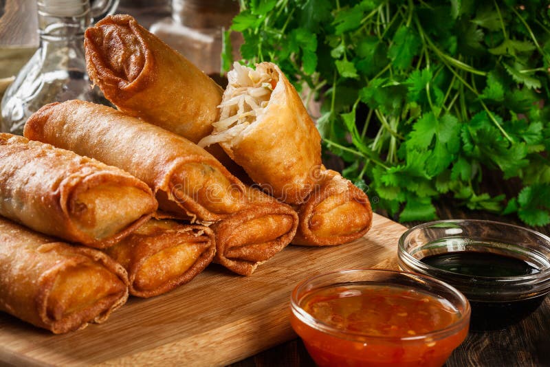 Spring Rolls with Chicken and Vegetables on Chopping Board Stock Image ...