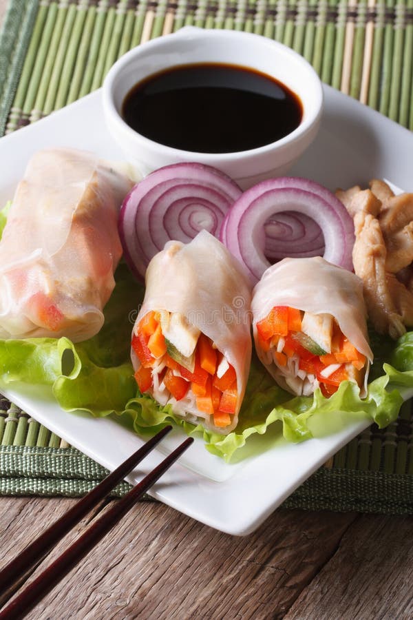 Spring Rolls Chicken Vegetables Closeup Vertical Stock Photos - Free ...
