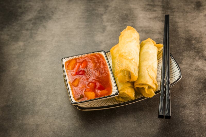 Spring Rolls, Chopsticks and Sauce Stock Image - Image of plate ...
