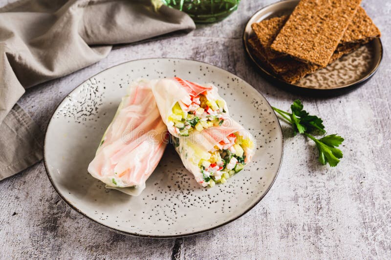 Spring Rolls Crab Meat Cucumber Herbs Plate Table Stock Photos - Free ...