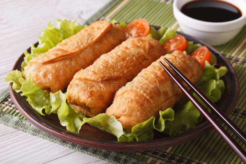 Spring Rolls Fried on a Plate Close-up and Sauce. Horizontal Stock ...