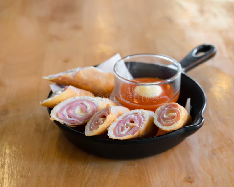 Spring Rolls with Ham and Cheese Served with Hot Sauce Stock Photo ...