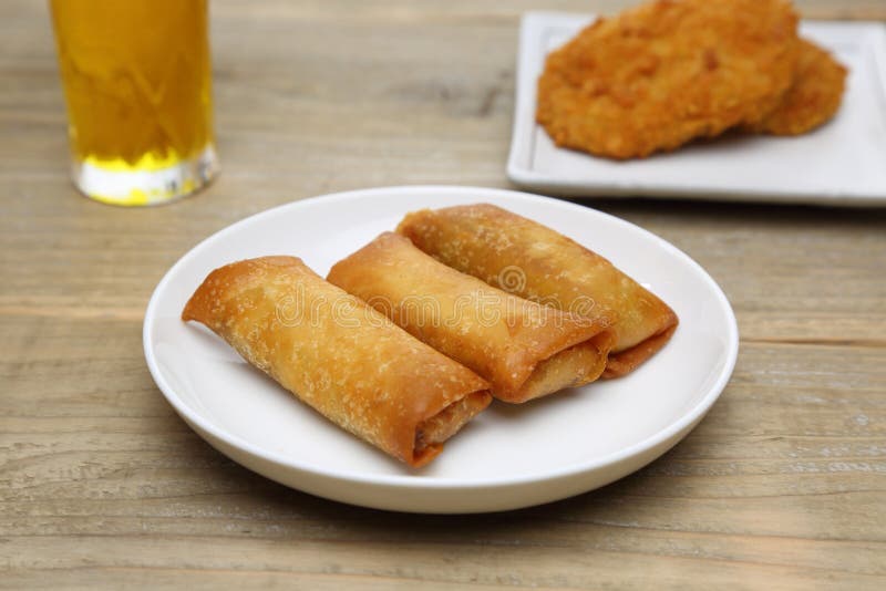 Spring Rolls and Japanese Croquette with Beer Stock Photo - Image of ...