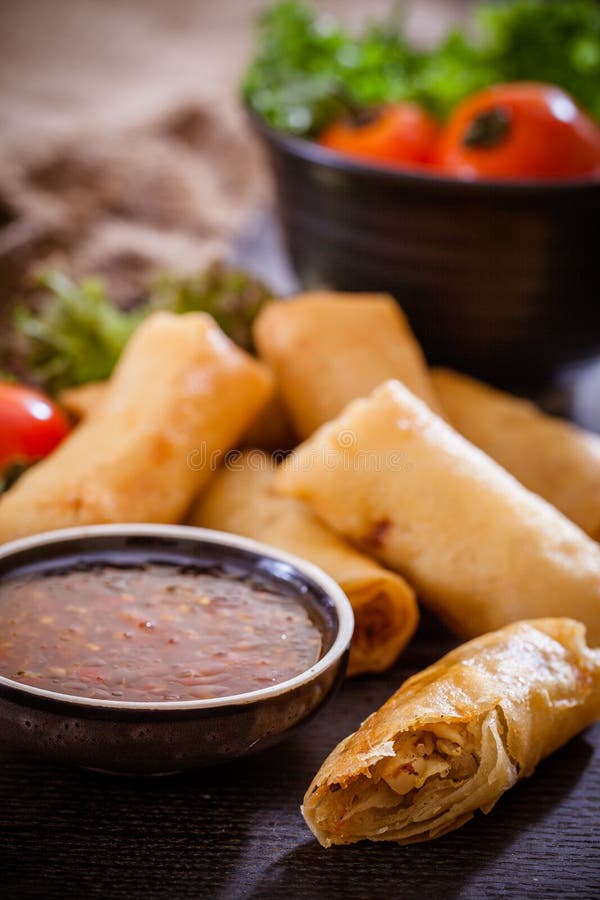 Spring Rolls with Spicy Sauce Stock Photo - Image of chinese ...