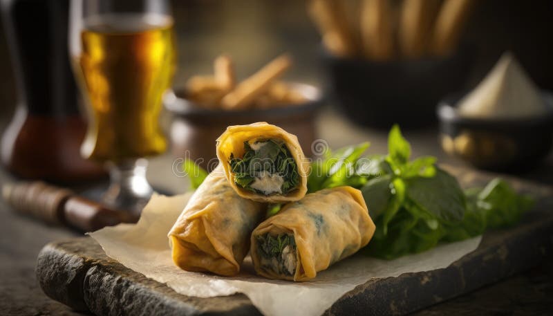 Spring Rolls on Stone, Blurred Background, Rustic Pub. Generative AI ...