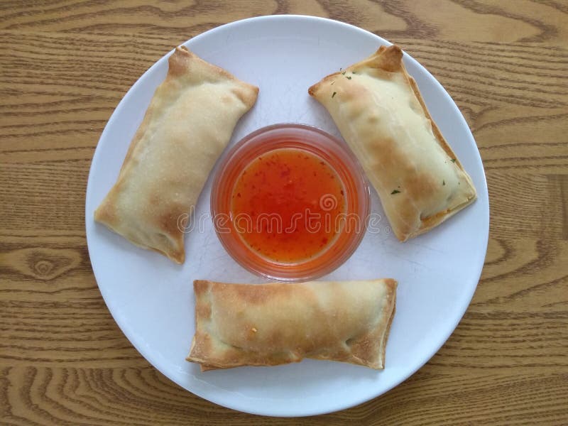 Spring Rolls with Sweet Chili Sauce Stock Photo - Image of wood, home ...