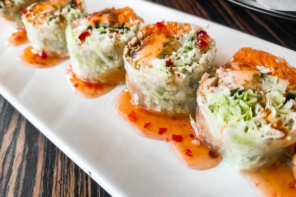 Spring Rolls with Tuna and Cabbage Close-up. Stock Image - Image of ...