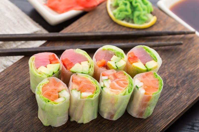 Spring Rolls with Tuna and Salmon Stock Image - Image of roll, salmon ...