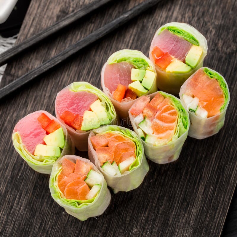 Spring Rolls with Tuna and Salmon Stock Image - Image of tasty, sushi ...