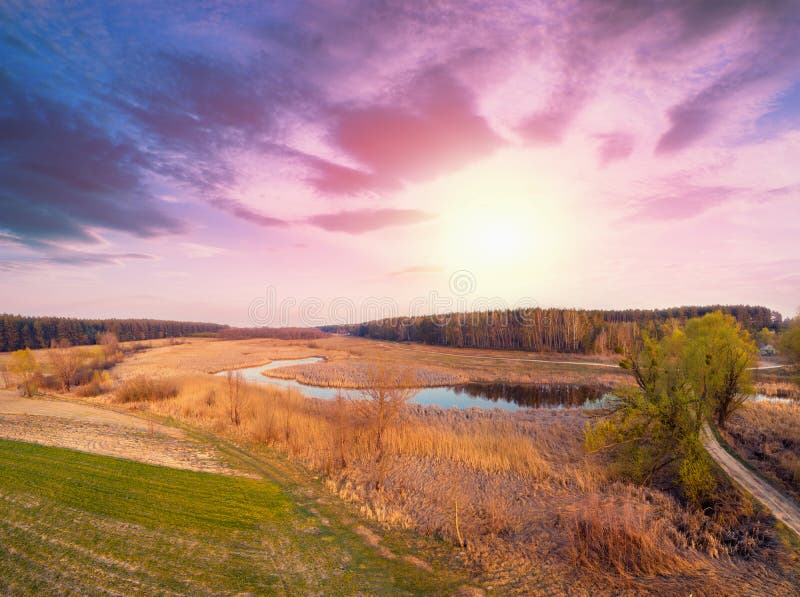 Spring Rural Landscape in the Evening, Aerial View Stock Photo - Image ...