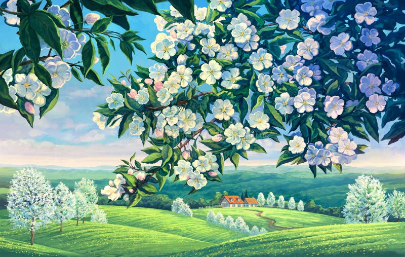 Spring rural landscape. stock vector. Illustration of painting - 77721279