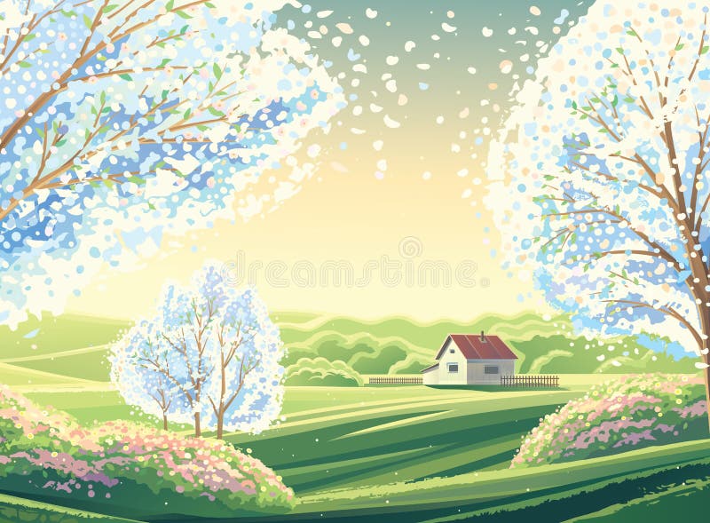 Sunny Rural Landscape with Rolling Hills and Fields. Stock Vector - Illustration of bright, farm ...
