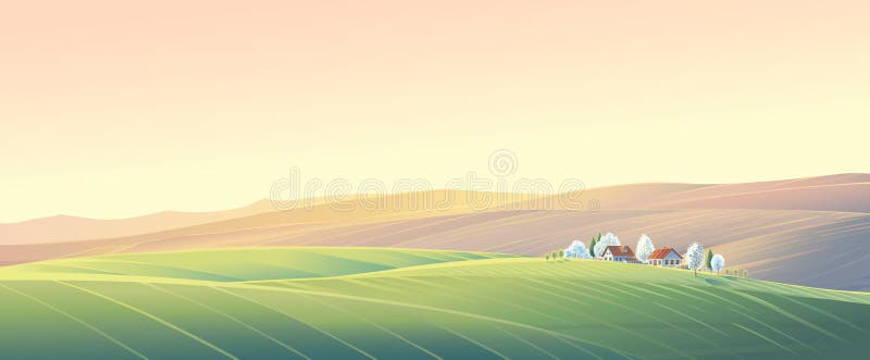 Sunny Rural Landscape with Rolling Hills and Fields. Stock Vector - Illustration of bright, farm ...