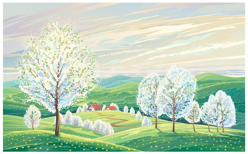Sunny Rural Landscape with Rolling Hills and Fields. Stock Vector - Illustration of bright, farm ...