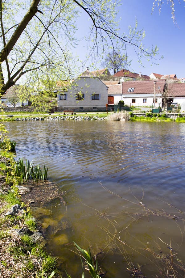 Spring Rural Landscape in Village Stock Image - Image of flowers, blue ...