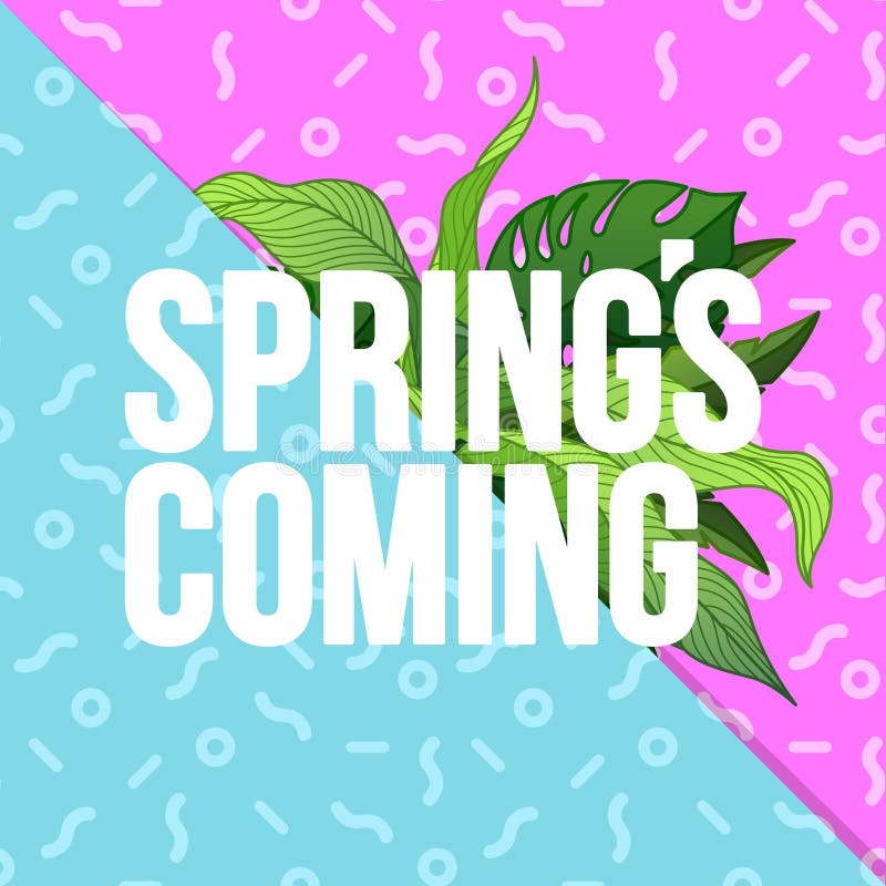 Spring`s Coming! Typographic Poster with Tropical Leaves and Mem Stock ...