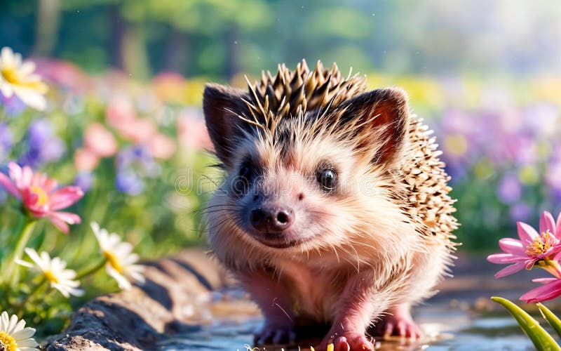 Spring S Darling Hedgehog among Flowers Stock Illustration ...