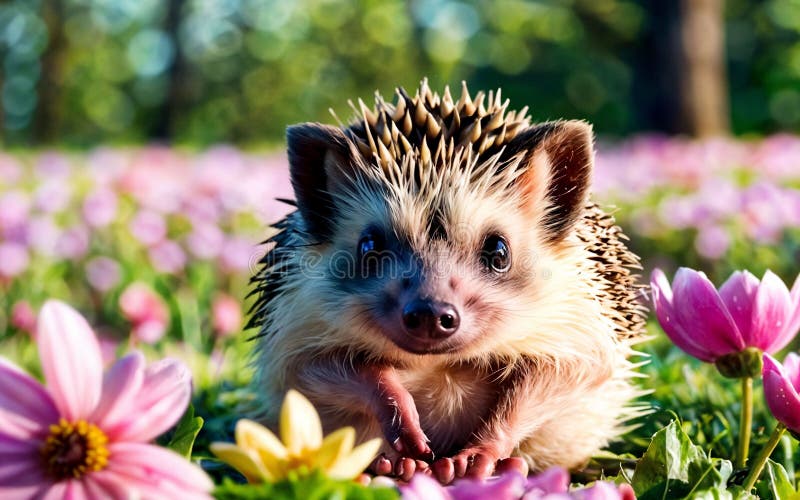 Spring S Darling Hedgehog among Flowers Stock Illustration ...