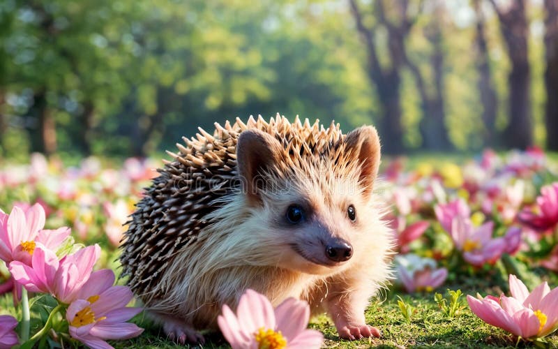 Spring S Darling Hedgehog among Flowers Stock Illustration ...