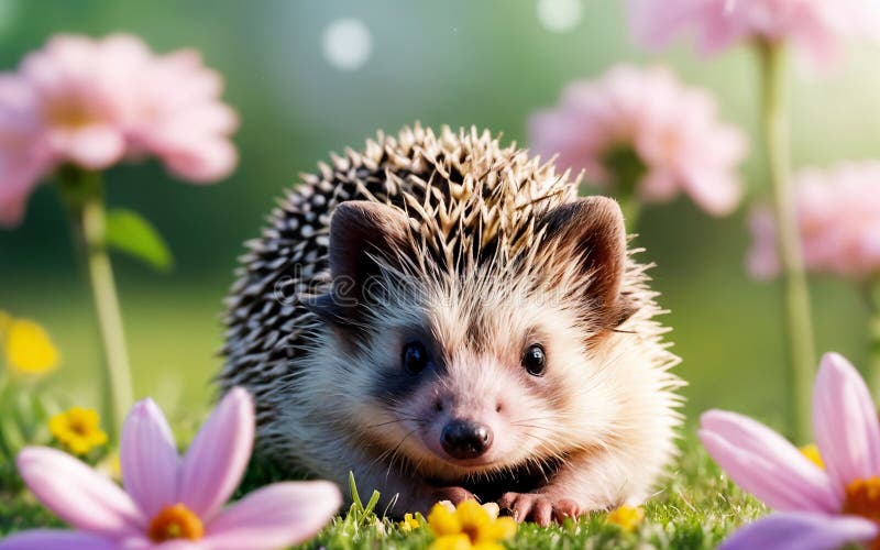 Spring S Darling Hedgehog among Flowers Stock Illustration ...
