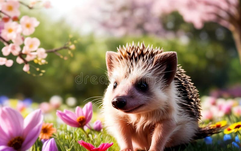 Spring S Darling Hedgehog among Flowers Stock Illustration ...