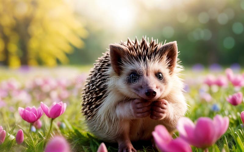 Spring S Darling Hedgehog among Flowers Stock Illustration ...