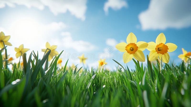 Spring S Embrace Sunlight Dappled Daffodil Bloom, Lush Green Grass ...