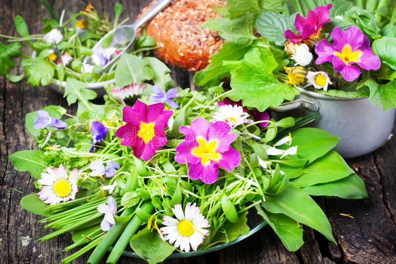Spring Salad, Wild Herbs, Edible Flowers Stock Photo - Image of violet ...