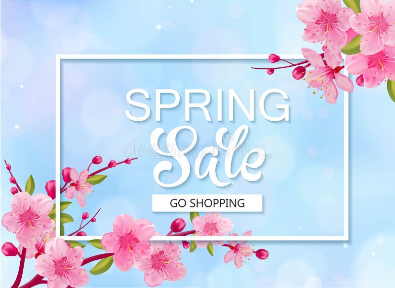 Spring Sale Banner with Cherry Blossoms, Blue Sky. Stock Vector ...