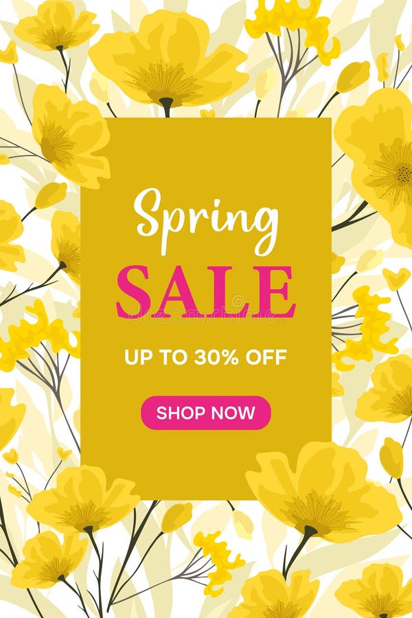 Spring Sale Banner Template with Flowers on Yellow Background Stock ...