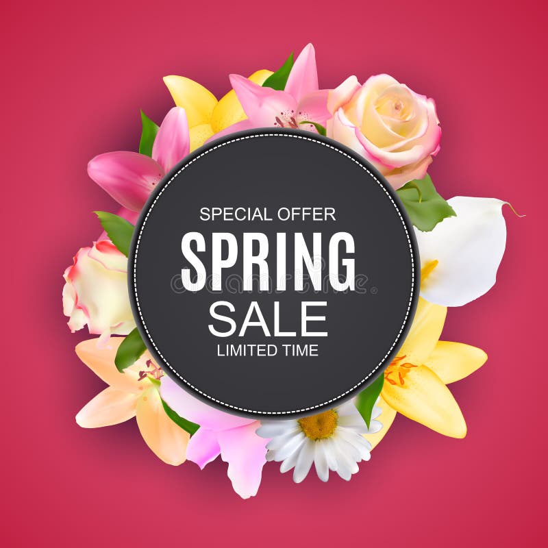 Spring Sale Cute Background with Colorful Flower Elements. Vector ...